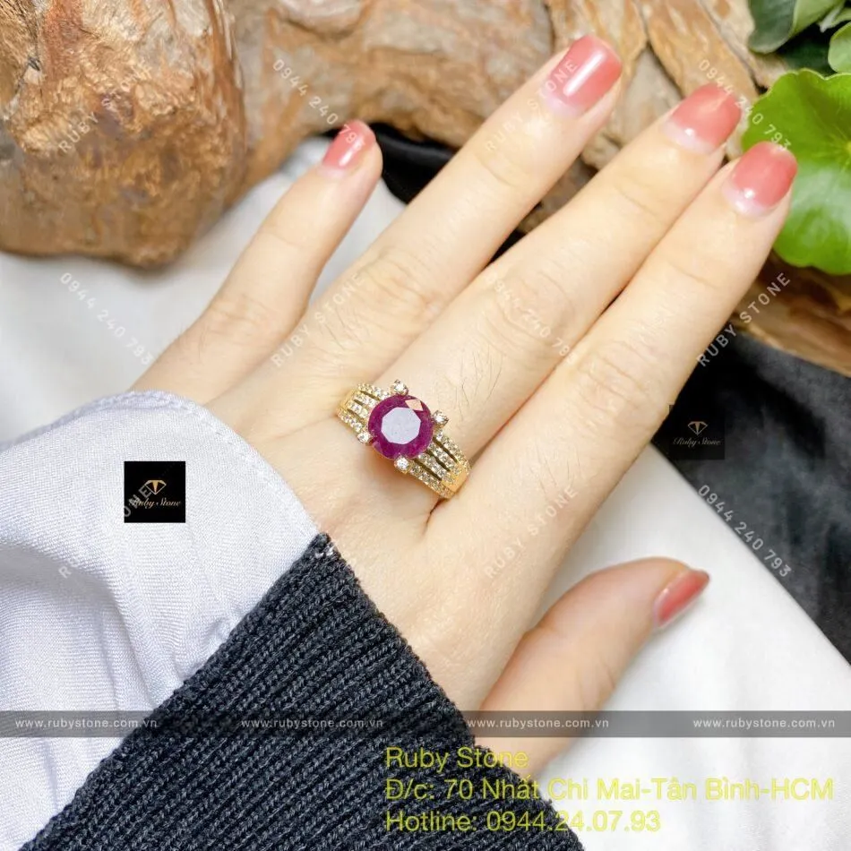 Nhẫn Ruby Nam Phi Mài Giác 8,5 Ly, Vàng 18k - Ngọc Bích Phong Thủy